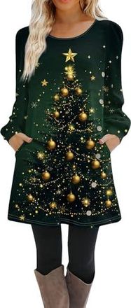 Generic Robe Noel Femme Chic et Elegante Robe Pull Casual Imprimé Noël Col Rond Manches Longues Robe de Noël Femme Swing Plissé A-Line avec Poches,f1037y,Vert