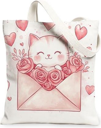 Generic Sac fourre-tout en toile r&eacute;utilisable avec motif de chat mignon et rose, pour la Saint-Valentin, l&eacute;ger et lavable, pour voyage, pique-nique, 33 x 38 c