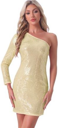 Allegra K Robe &agrave; Paillettes Femme &agrave; Une &Eacute;paule D&eacute;nue Mini Robe Asym&eacute;trique Scintillante Col Licou Robe de Soir&eacute;e de Club Or S