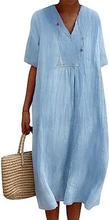 Onsoyours Robe Cotton en Line Col en V Ete Grande Taille Robe Rétro Mini Robe Lâche Couleur Unie Boho Ete Mi-Longue Dress pour Fêter Robe de Vacances à la Plage