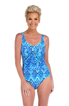 Maxine Of Hollywood Damen Einteiliger Seitlichem Gerafftem Bein Badeanzug, Blau/Artisan Ikat, 44