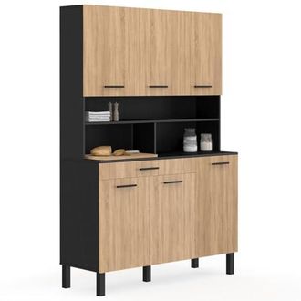 IDMarket Buffet de Cuisine 120 CM CINA 6 Portes + tiroir Noir et fa&ccedil;on h&ecirc;tre