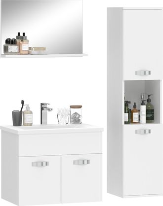 Kleankin 4-teiliges Badezimmerm&ouml;bel-Set, Wandmontage, mit Spiegel, Waschtischunterschrank, Keramikwaschbecken und hohem Hochschrank, verstellbare Einlegeb&ouml;den,