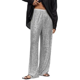 Generico Pantalon &eacute;vas&eacute; avec paillettes scintillantes taille haute avec fond de cloche pour discoth&egrave;que disque hippie r&eacute;tro ann&eacute;es 60 pantalon &agrave; jambe droite a