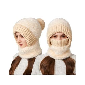 Generic Capuche en tricot thermique pour femme - Bonnet dhiver doubl&eacute; en polaire, cache-cou et couvre-visage Combo bonnet, &eacute;charpe, masque avec cache-oreilles