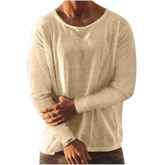 Generic Chemise en lin pour homme - Chemise en lin blanc - Coupe ajust&eacute;e - Grande taille - Chemises habill&eacute;es &agrave; manches longues - Col rond blanc - Lot de vest