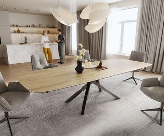 DELIFE Esstisch Edge Boot 240-300x120 cm Keramik Laminam Sabbia Eichefarbig Kreuzgestell Rechteck Edelstahl Graphit ausziehbar, Esstische