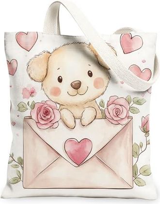 Generic Joli sac fourre-tout en toile &agrave; motif floral, adorable chien et rose, sacs d&eacute;picerie r&eacute;utilisables, l&eacute;gers et lavables en toile pour le shopping, les 