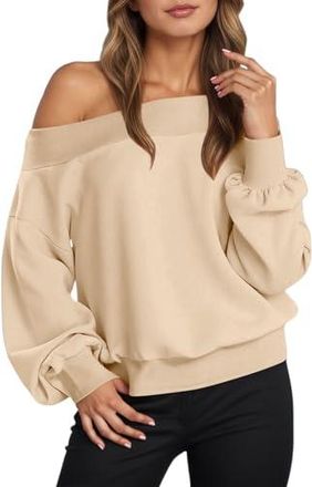 Generic 2026 Sweat-Shirt &agrave; &eacute;paules d&eacute;nud&eacute;es pour Femme avec Manches Ballon, Pull d&eacute;contract&eacute; &agrave; col Carmen | Pull Chaud pour Un Look f&eacute;minin