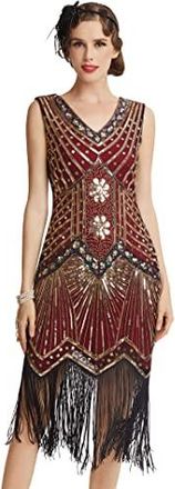 Babeyond Robe de Flapper des Années 1920 Robe de Soirée pour Femme Doré Rouge Vieux XS