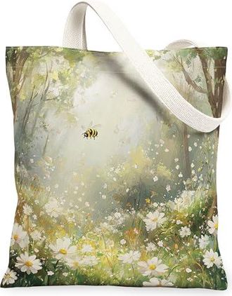 Generic Sac fourre-tout en toile motif primev&egrave;res printani&egrave;res 33 x 38 cm, motif for&ecirc;ts, fleurs, abeilles, sac d&eacute;picerie r&eacute;utilisable pour femme, peinture de 