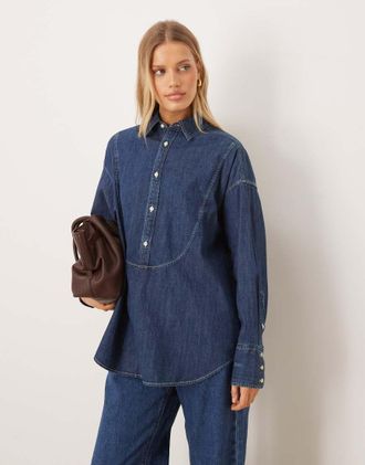 Polo Ralph Lauren Chemise oversize en jean &agrave; plastron devant et logo embl&eacute;matique - D&eacute;lavage fonc&eacute;-Bleu marine