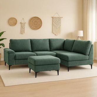 Concept Usine | Canap&eacute; dAngle 4/5 Places Colchester Vert | Tissu Chenille Textur&eacute; | Pouf Ind&eacute;pendant Modulable | Confort Enveloppant | Assise avec Ressorts Ensach&eacute;s