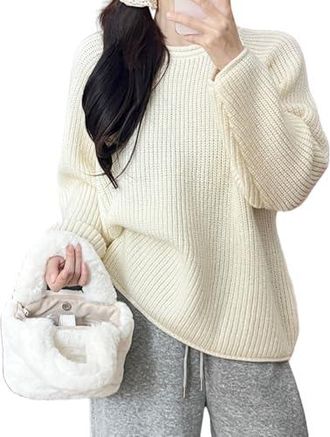 Generic Pull en tricot c&ocirc;tel&eacute; pour femme, couleur pure, manches longues, confortable et d&eacute;contract&eacute;, beige, Taille unique