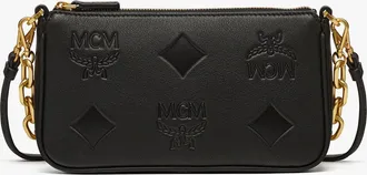 MCM Aren Umh&auml;ngetasche aus Leder mit Kette und Maxi-Monogramm BLACK LEATHER