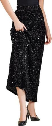 Allegra K Jupe à Paillettes pour Femmes en Velours Taille Élastique Scintillante Jupe Longue de Fête Noir XL