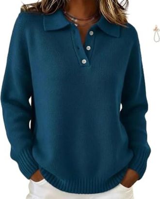 Generic Pull classique &agrave; col en V boutonn&eacute; pour femme - Couleur unie - Automne et hiver, bleu marine, 4XL