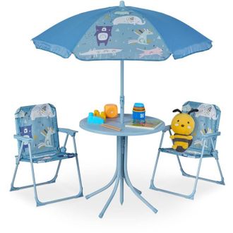 Relaxdays Relaxdays - Salon de jardin pour lenfant, table, chaises, parasol, design animalier, pour la plage ou le camping, bleu