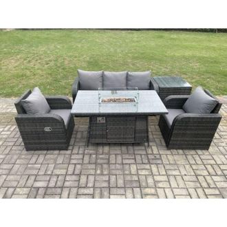 Fimous Polyrattan Gartenm&ouml;belset Gasfeuerstelle Esstisch mit Sofa Beistelltisch - Fimous