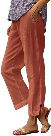 Generic Pantalon en lin pour femme - Jambes larges - Pantalon d&eacute;t&eacute; l&eacute;ger - Jambe droite - Confortable - Avec poches - Couleur unie - Pantalon de plage &agrave; enfil