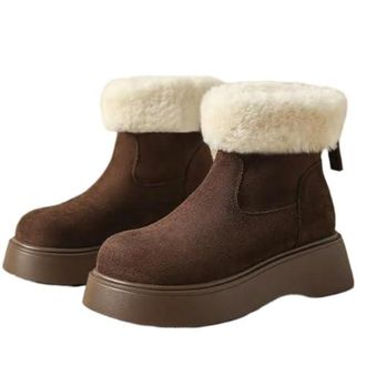 Generic JJDFW Bottes de neige pour femme Automne Hiver Camel Couleur Camel Bout Rond Doux Chaud Chaussures Fond &Eacute;pais Talons 5,5 cm Femme Courte Peluche Chevi