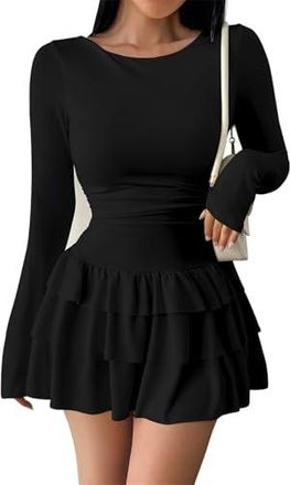 Generic Robe de printemps &agrave; manches longues pour femme, col montant, fronc&eacute;, volants, v&ecirc;tements moulants, couleur unie, coupe ajust&eacute;e, mini robe &eacute;l&eacute;gante, Noi