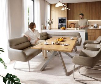 DELIFE Esszimmerbank Taya-Flex 285x190 cm Mikrofaser Beige Vintage Kufengestell flach Edelstahl Taschenfederkern Links, Eckb&auml;nke