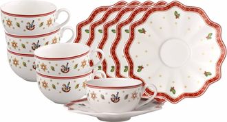 Villeroy & Boch Toys Delight Tee-/Kaffeetassen mit Untertassen 6er Set, 70 ml, Weihnachtliches Kaffeegeschirr, Premium Porzellan, Zackig, Wei&szlig;