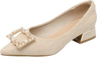 Generic Qynthra Escarpins Femme Perle Boucle Carrée Bout Pointé Plat Brillant Talon Bas Bloc pour Mariage Bureau Soirée,Almond,36 EU