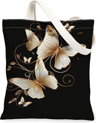 Generic Sacs fourre-tout en toile motif papillon floral, sacs d&eacute;picerie r&eacute;utilisables, sacs d&eacute;picerie r&eacute;utilisables, l&eacute;gers et lavables, noir, 13x15 Inch