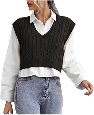 Generic HUIFUAO - Pull Court pour Femme, Grande Taille, col en V, sans Manches, Gilet épais en Tricot torsadé Chaud, débardeur Basique, Noir, XL