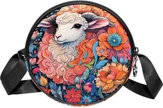 Generic Petit sac &agrave; bandouli&egrave;re rond pour femme, motif mouton color&eacute; avec fermeture &eacute;clair, bretelles r&eacute;glables, sac &agrave; main rond d&eacute;contract&eacute; pour femmes et fi