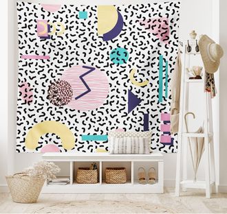 Abakuhaus 90er Jahre Wandteppich und Tagesdecke, Retro Geometrische Formen aus Weiches Mikrofaser Stoff Waschbar ohne Verblassen Digitaldruck, 230 x 140 cm,Navy