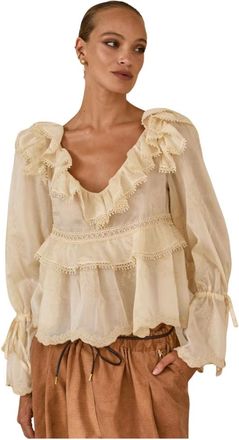 Souvenir Femme, Blouses et Chemises, Beige, Taille: 42 FR Tunique en Lyocell avec Broderie et Volants