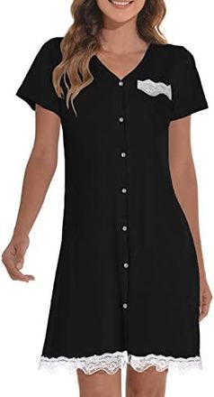 Heekpek Chemise de Nuit Femme Nuisette Coton Manches Courtes Robe de Nuit Bouton Ouvert Devant Dentelle V&ecirc;tements de Nuit, Noir, Taille XL