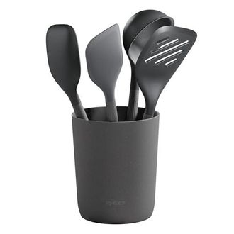 Zyliss Lot de 5 Ustensiles de Cuisine Durables en Paille de Blé/Silicone avec Louche, Spatule, Cuillère et Support, Têtes en Silicone Résistantes à la Chaleu