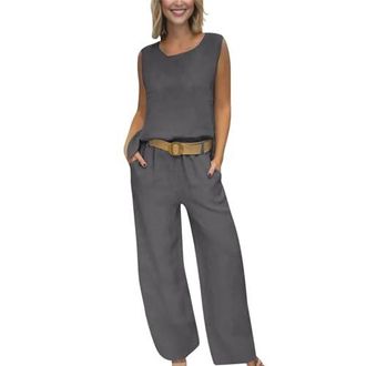 Generic Tenues da&eacute;roport pour femmes 2026 couleur unie &agrave; manches courtes en coton et lin &agrave; &eacute;paules d&eacute;nud&eacute;es - Ensemble deux pi&egrave;ces pour femme - Tenue de d&eacute;ten