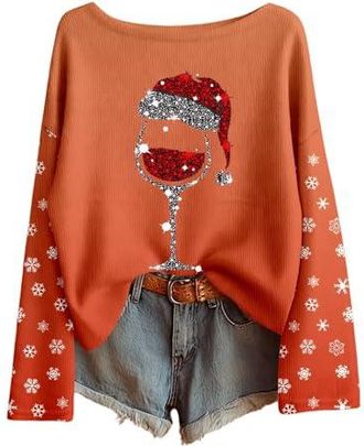 Generico Pyjama de Noël en polaire tricotée avec col rond et manches longues Robe en coton imprimé amusant pour femme, orange, 3XL