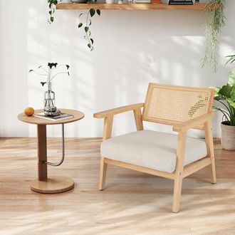 Giantex Fauteuil Salon en Bois dH&eacute;v&eacute;a, Dossier en Rotin PE, Coussin en Velour C&ocirc;tel&eacute;, Chaise Bois avec Accoudoirs, Patins Antid&eacute;rapants, Fauteuil Rotin Scandi
