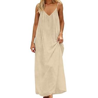 Generic Robe longue d&eacute;contract&eacute;e &agrave; bretelles spaghetti pour femme - Dos nu - Coupe ample et fluide avec poches - Couleur unie - Pour l&eacute;t&eacute;, la plage, les vacan