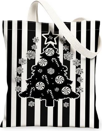 Generic Sac fourre-tout en toile motif sapin de No&euml;l, noir et blanc, r&eacute;utilisable, vintage, moderne, l&eacute;ger, lavable, Noir/blanc, 13x15 Inch