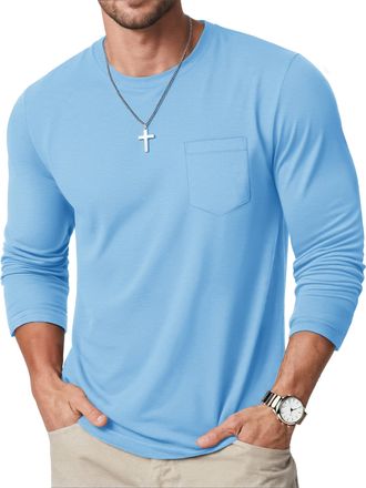 Magcomsen Langarm Shirt Herren Tshirt Baumwolle Atmungsaktive Männer Longsleeve mit Tasche Bequem Classics Blau 3XL