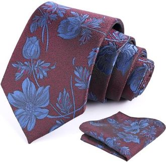 Alizeal Cravate pour homme avec mouchoir floral soyeux pour fête de mariage Ensemble cravate et mouchoir, Bordeaux + bleu marine, taille unique
