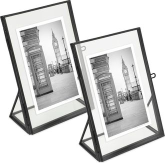 Isaac Jacobs 4x6 Black Vintage Style Brass and Glass Floating Photo Frame Metal (Vertikal) with Locket Closure and Angled Base for Pictures, Art, Mementos, Keepsak