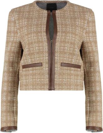 Pinko Pinko, Femme, Vestes, Beige, Taille: 36 FR Veste Courte Classique &agrave; Carreaux avec D&eacute;tails en Similicuir