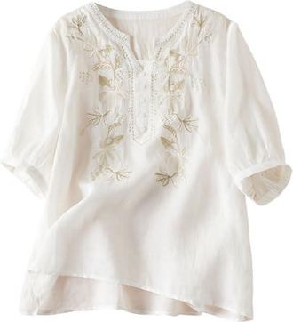 Generic Chemises en lin pour femme - Broderie britannique - Manches 3/4 - Col en V - Manches courtes - D&eacute;contract&eacute; - Tendance - Chemisier boh&egrave;me, blanc, XXL