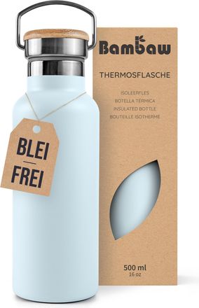 Bambaw Thermosflasche 500ml, Blaue Trinkflasche, Edelstahl, Kalt- & Hei&szlig;getr&auml;nke, Camping - Eisblau
