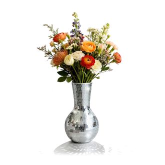 Relaxdays Disco Vase, verspiegeltes Mosaik, rund, Blumendekor, 28 x 14 x 14 cm, Silber