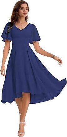 Generic Robes de bal en mousseline de soie avec col en V fronc&eacute; robe de bal courte de demoiselle dhonneur A-Line avec manches flottantes robes de f&ecirc;te, bleu m