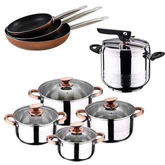 San Ignacio Schnellkochtopf, 7 l, SIP Duna, Kochtopf, 8 St&uuml;ck, Set 3 Pfannen Professional Chef Copper 20,24,28, Chrom, Einheitsgr&ouml;&szlig;e